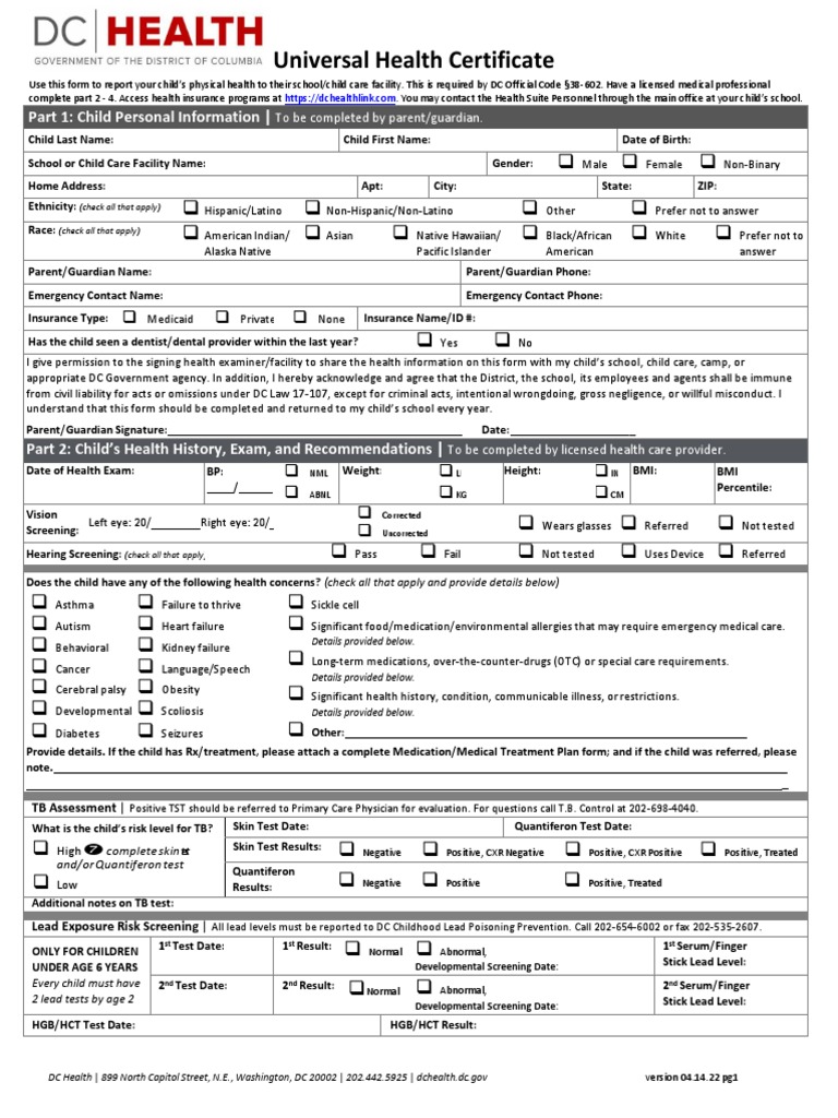 DC Health Universal Health Certificate | PDF