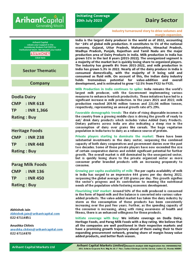 Dairy Sector Thematic - Initiating Coverage | PDF | Dairy | Milk