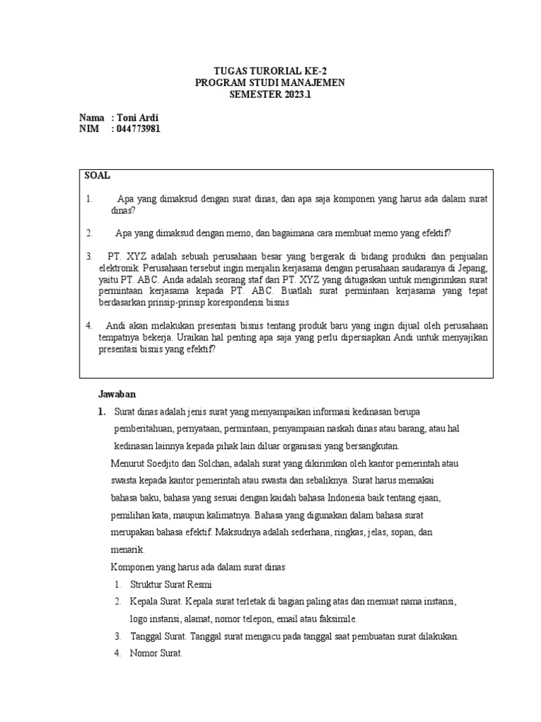 Tugas 2 (Soal 3) Mata Kuliah Komunikasi Bisnis | PDF Tugas 2 (Soal 3) Mata Kuliah Komunikasi Bisnis | PDF