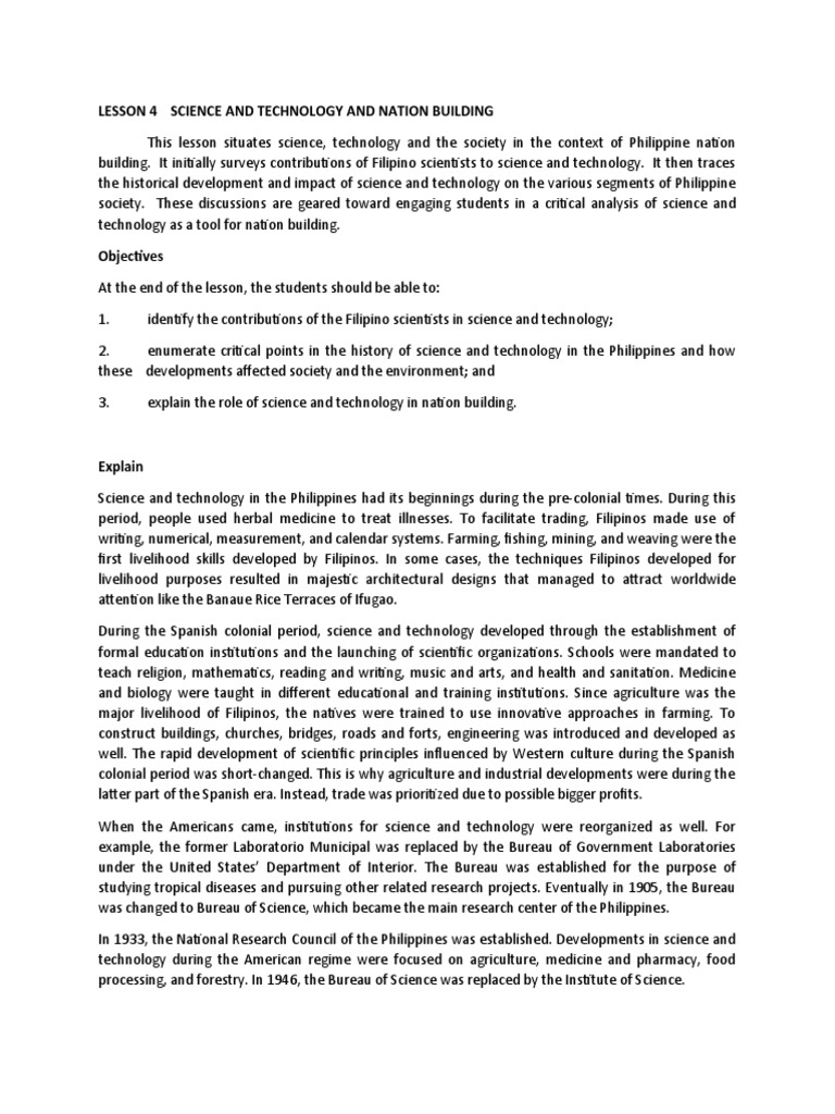 Lesson 4 Science and Technology and Nation Building | PDF