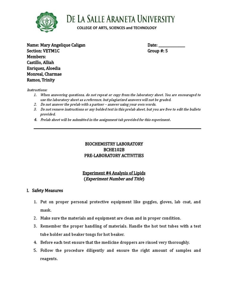 Pre Lab Experiment 4 Analysis of Lipids Caligan | PDF | Fatty Acid | Lipid