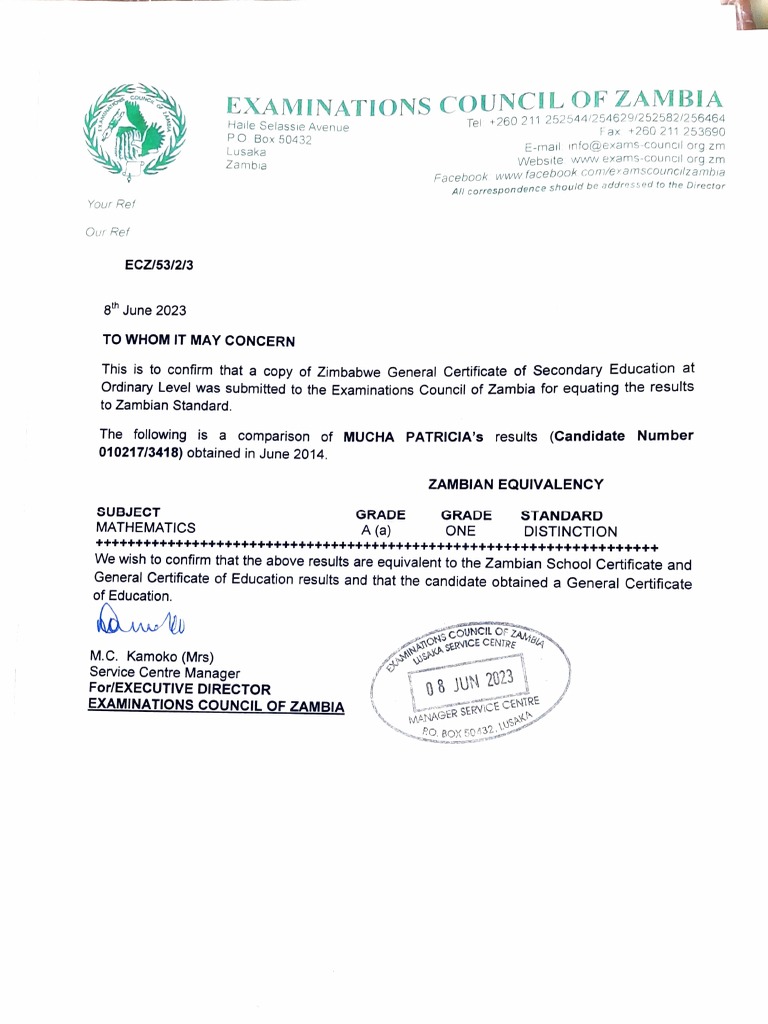 Equated Results Pdf Zambia Standardized Tests