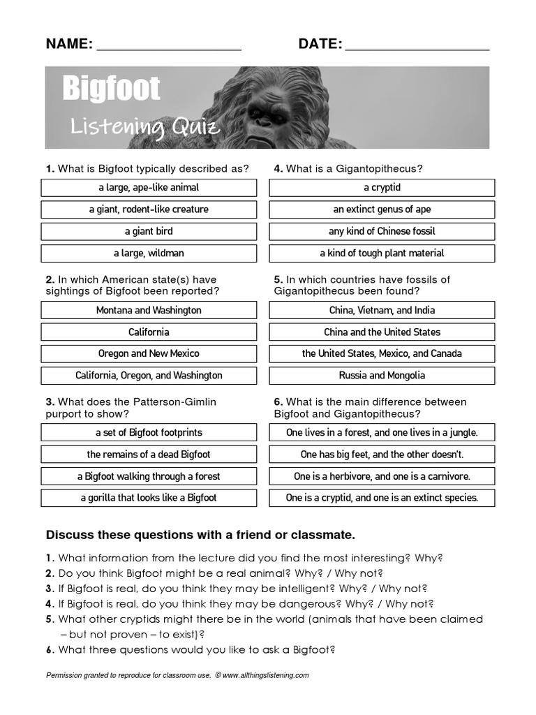Bigfoot Listening Quiz | PDF