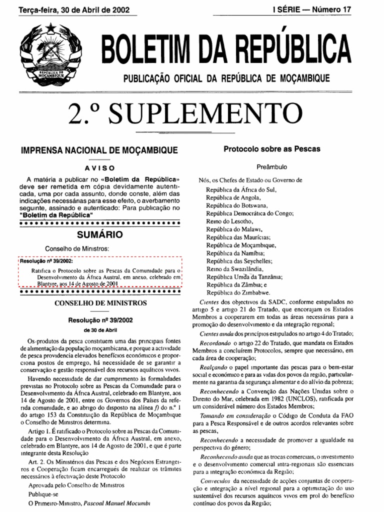 Resolucao 2002.39 Protocolo Sobre As Pescas Da SADC | PDF