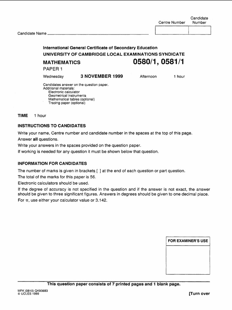 IGCSE Mathematics Exam Paper 1999 | PDF