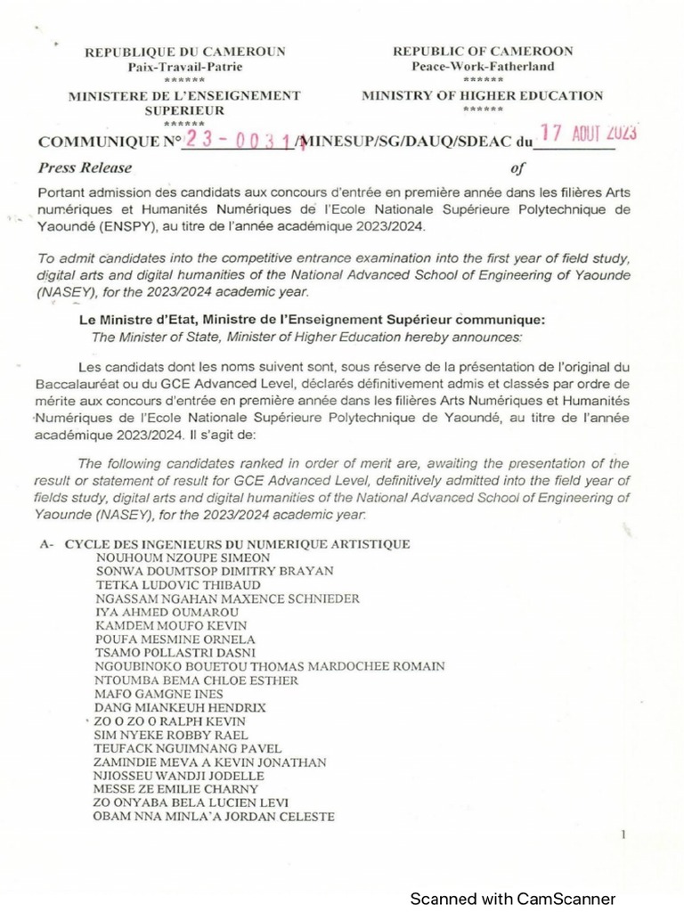 Résultat Polytechnique Yaoundé Art Numér | PDF