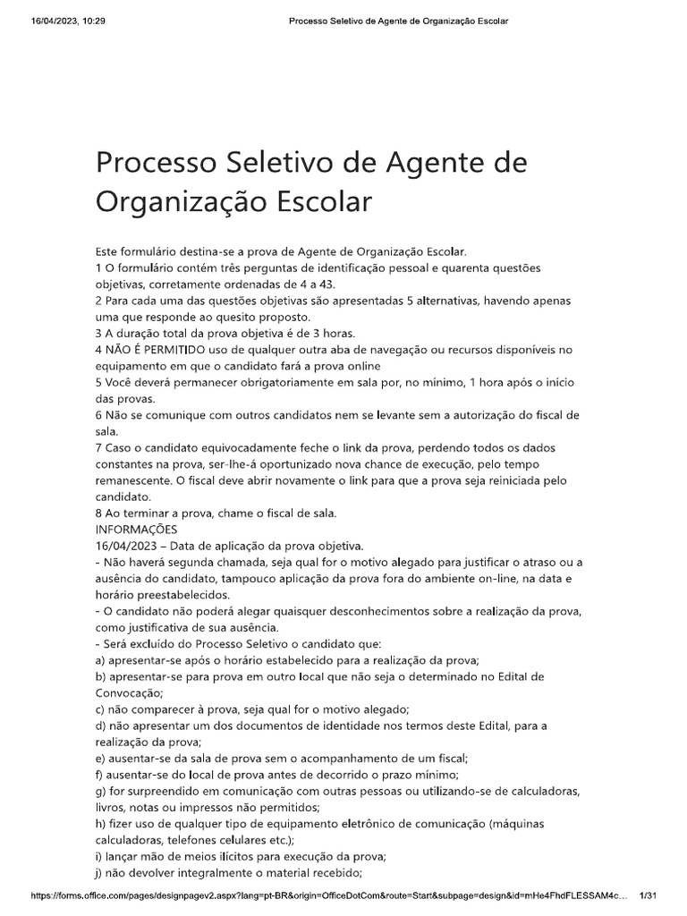 Formulário Da Prova Agente de Organização Escolar - AOE | PDF Formulário Da Prova Agente de Organização Escolar - AOE | PDF