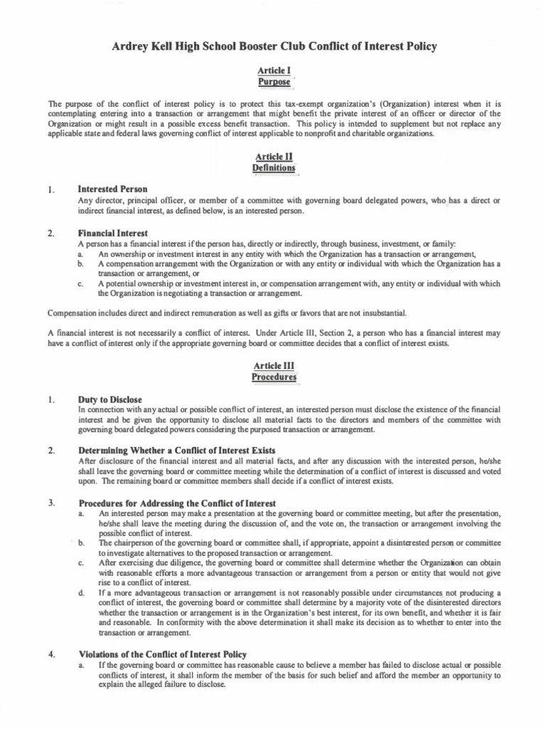 Ardrey Kell Booster Club Conflict Policy | PDF | Conflict Of Interest ...