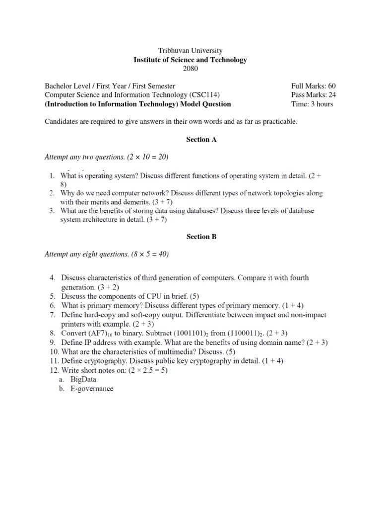 BSC CSIT Grading System 1st Sem and 2nd Sem Model Questions | Download Free PDF | Outlier ...