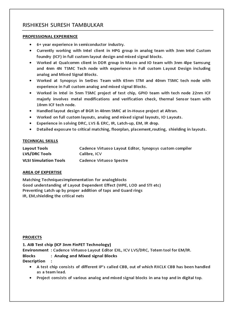 6+yrs Analog Layout Resume Rishikesh | PDF