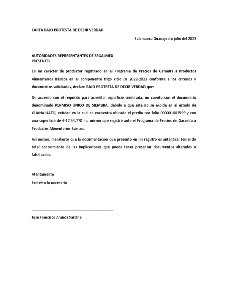 4.- CARTA BAJO PROTESTA DE DECIR VERDAD | PDF