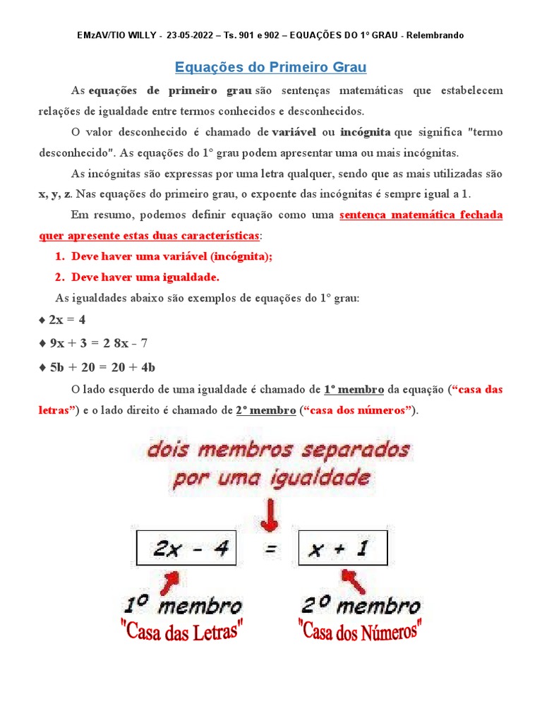 1 - Equações Do Primeiro Grau - T. 901 e 902 - 23-05-2022 | PDF ...