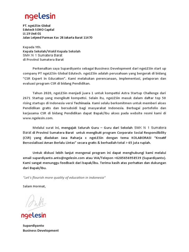 Surat Pengantar Kegiatan Kolaborasi Jasa Raharja | PDF