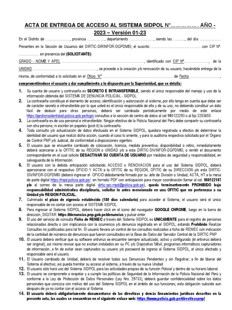 2023 ACTA - SIDPOL-USUARIOS -versión 01-23 | PDF | Policía | Contraseña