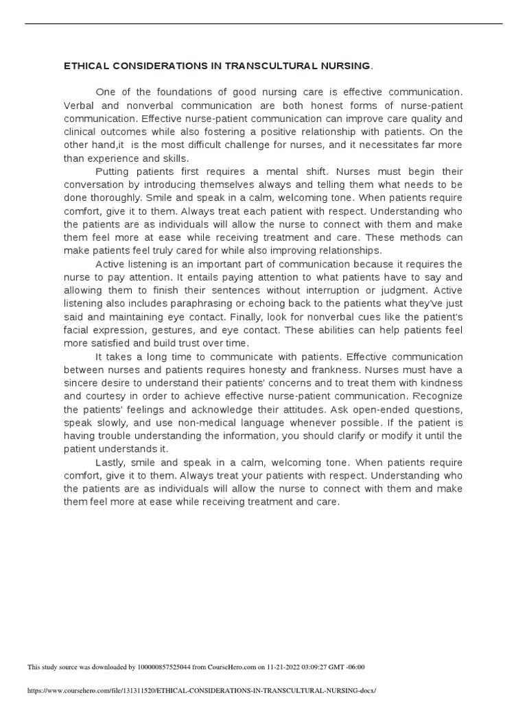 Ethical Considerations in Transcultural Nursing. | PDF | Communication ...