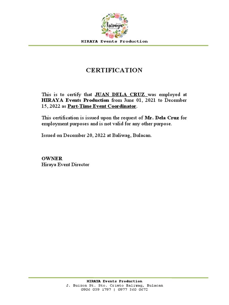 Events Production - SAMPLE Certificate of Employment | PDF