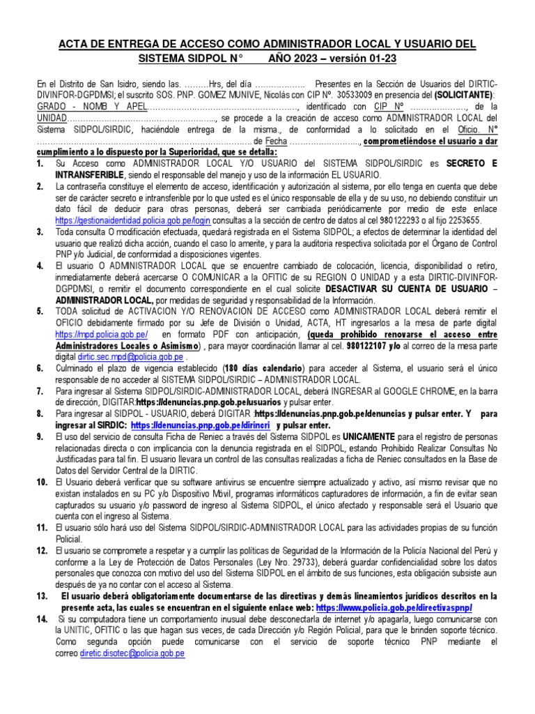 2023 ACTA - SIDPOL-ADMIN - LOCAL - Versión 01-23 | PDF