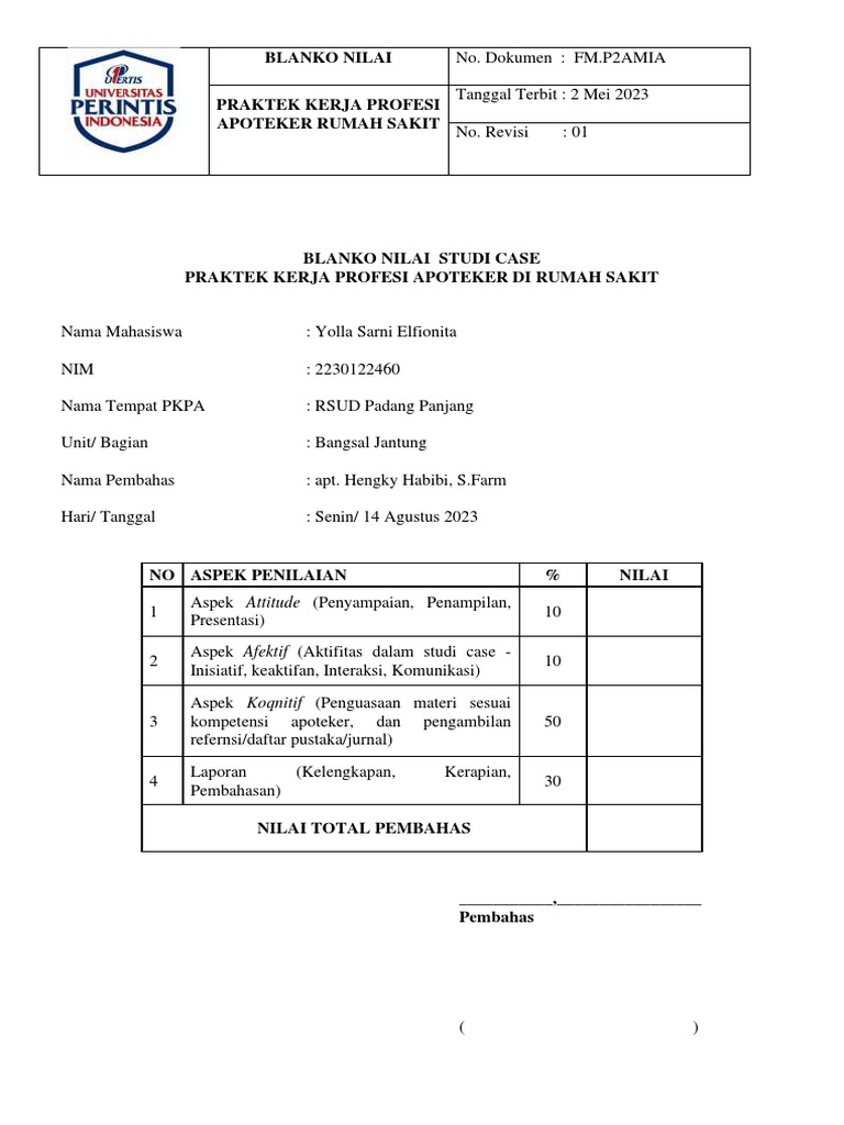 Contoh Blanko Nilai PKPA RS | PDF