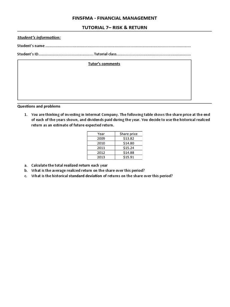 2023 - Tutorial 7 Risk - Return - CAPM | PDF | Risk Premium | Beta ...