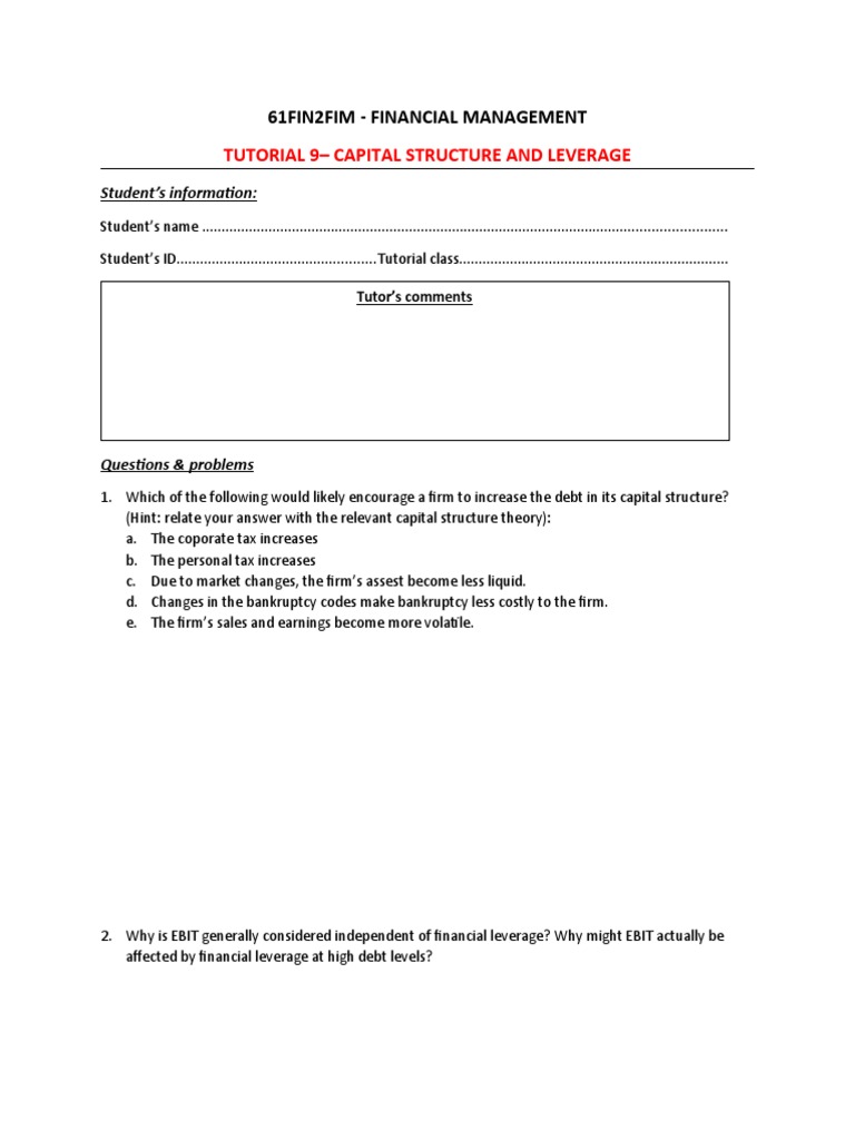 2023 - Tutorial 10 - Capital Structure and Leverage | PDF | Capital Structure | Leverage (Finance)