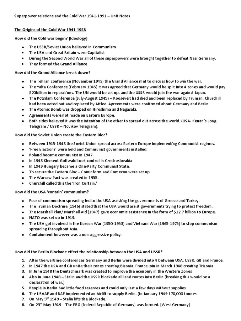 Superpower Relations and Cold War - Notes | PDF | Cold War | Soviet Union
