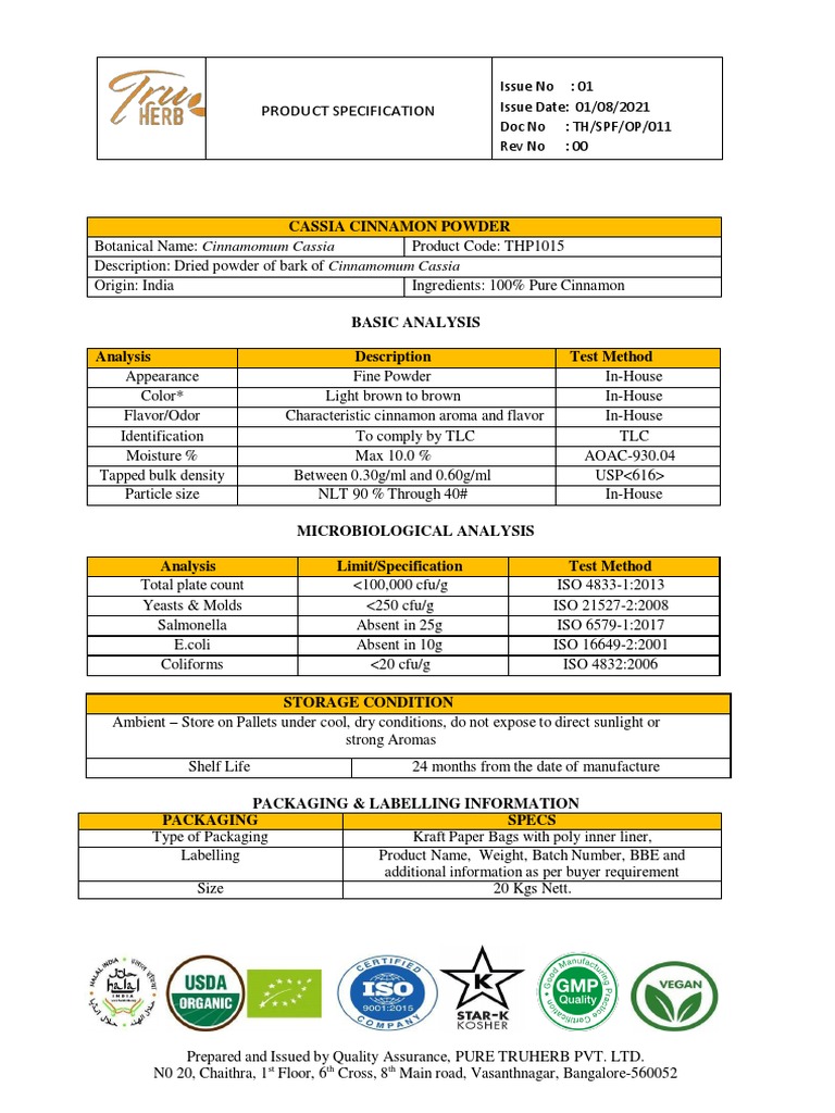 Specification-Cassia Cinnamon Powder | PDF | Herbs And Spices | Spice