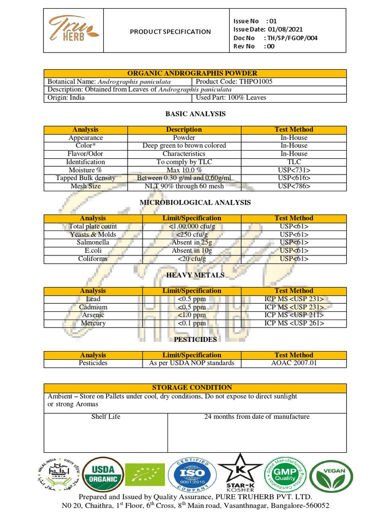 Specification of ORGANIC ANDROGRAPHIS POWDER | PDF | Packaging And Labeling | Food And Drink