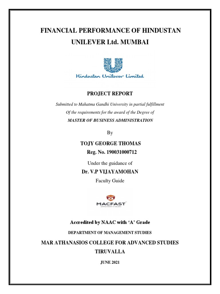 Financial Performance of Hindustan Unilever Ltd. Mumbai: Project Report ...