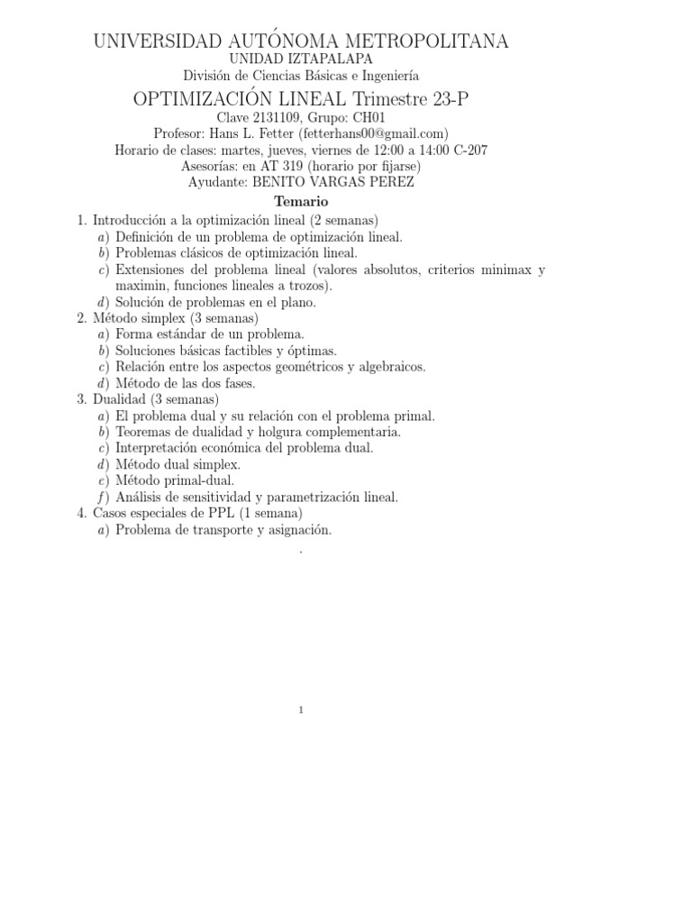 CH01-Optimización Lineal-LICMAT-67 | PDF | Optimización Matemática | Matemáticas De La Computación