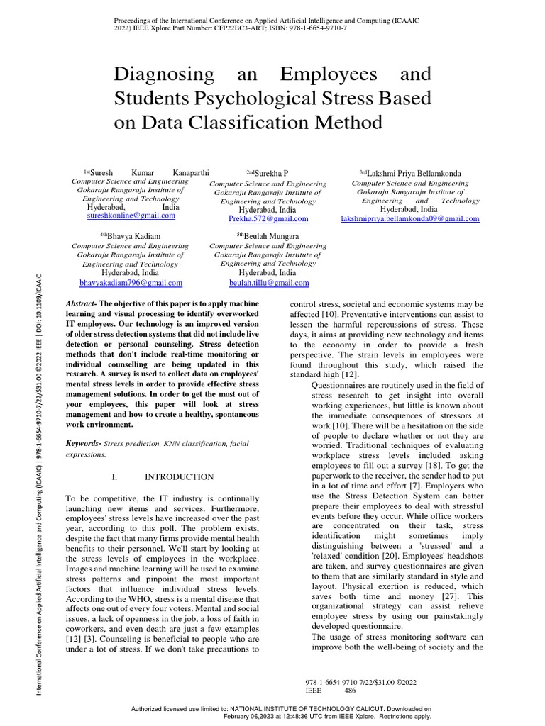 Detection of Stress in IT Employees Using Machine Learning Technique | PDF