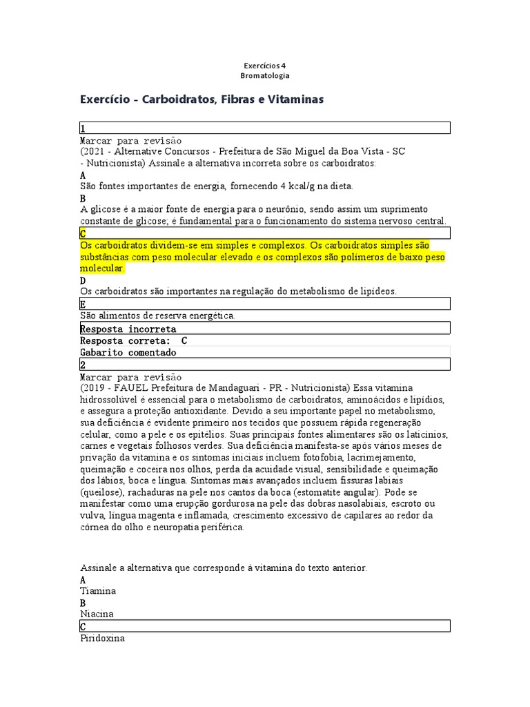 Exercícios 4 Bromatologia | PDF