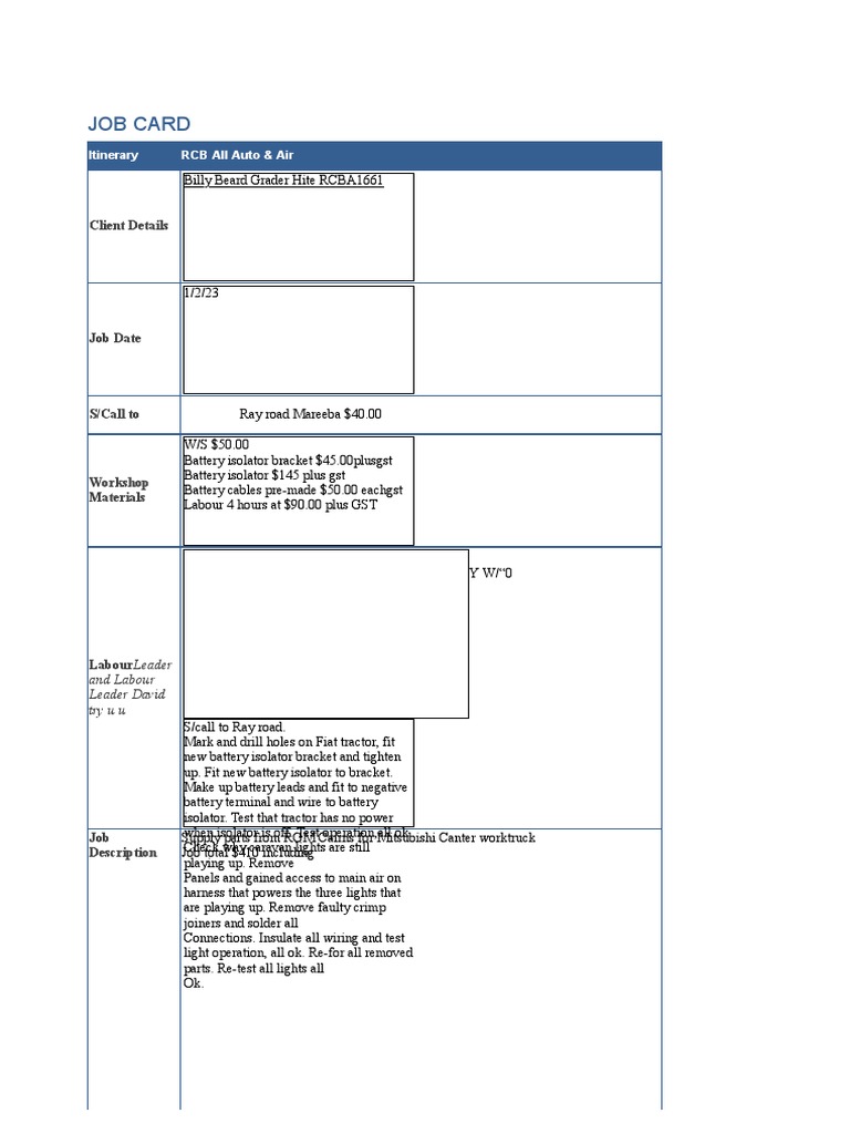 RCB Job Card Number 2 | PDF