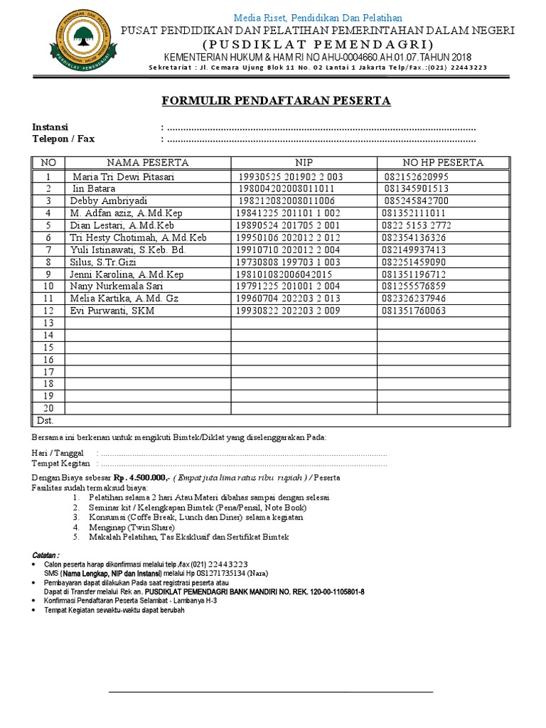Formulir Pendaftaran Peserta Bimtek-1 | PDF