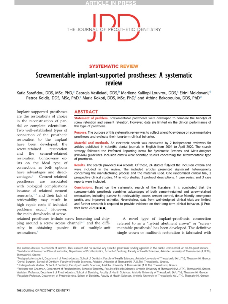 Screwmentable Implant-Supported Prostheses A Systematic Review | PDF ...