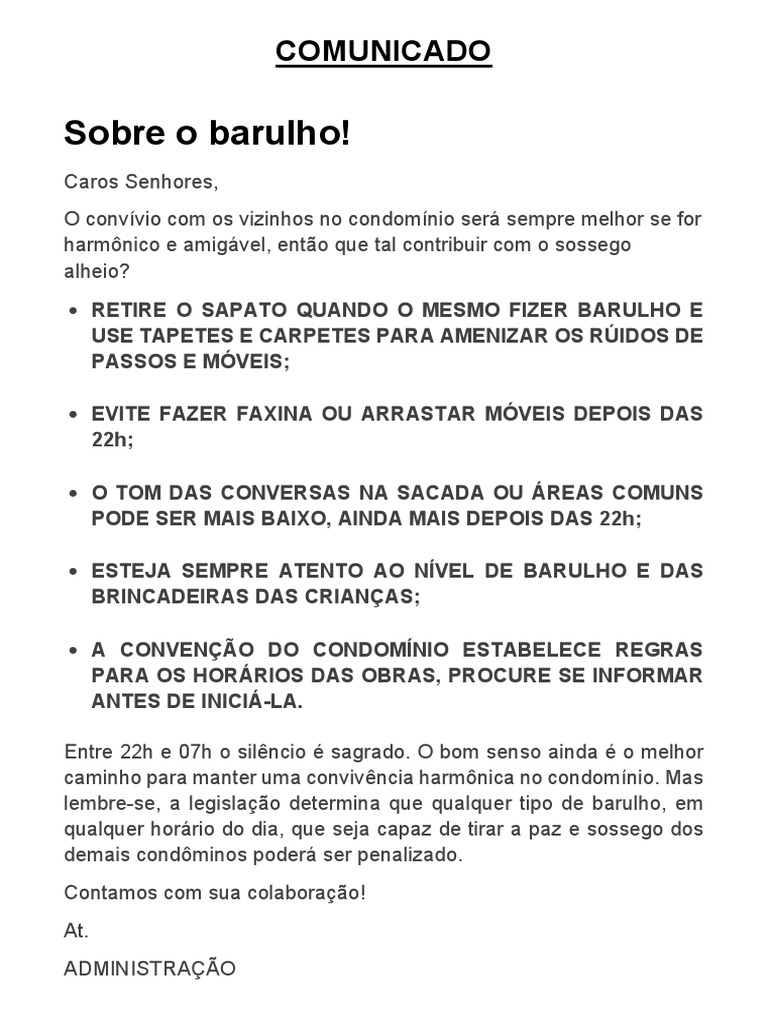 Comunicado Barulho - Condomínio | PDF