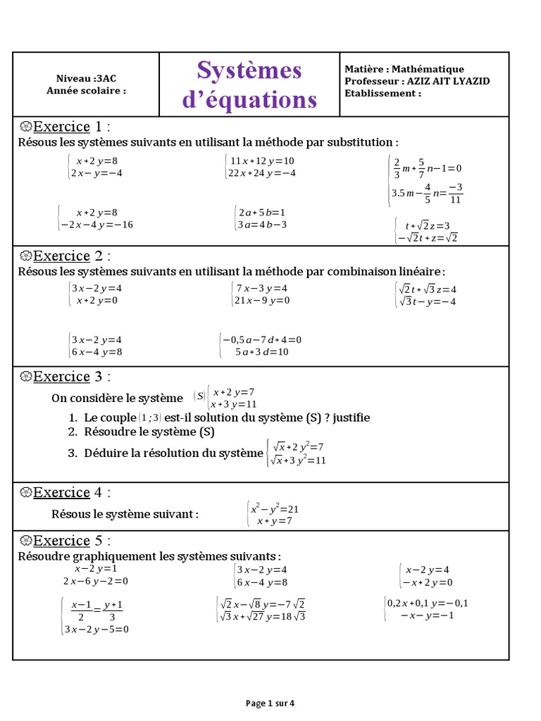 Systemes-de-2-equations-a-2-inconnues-exercices-3AC-Maths-2 | PDF