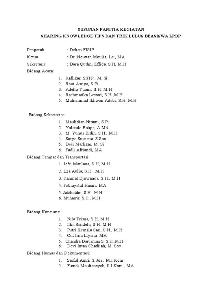 Susunan Panitia - Sharing - Knowledge - LPDP | PDF | Ilmu Sosial
