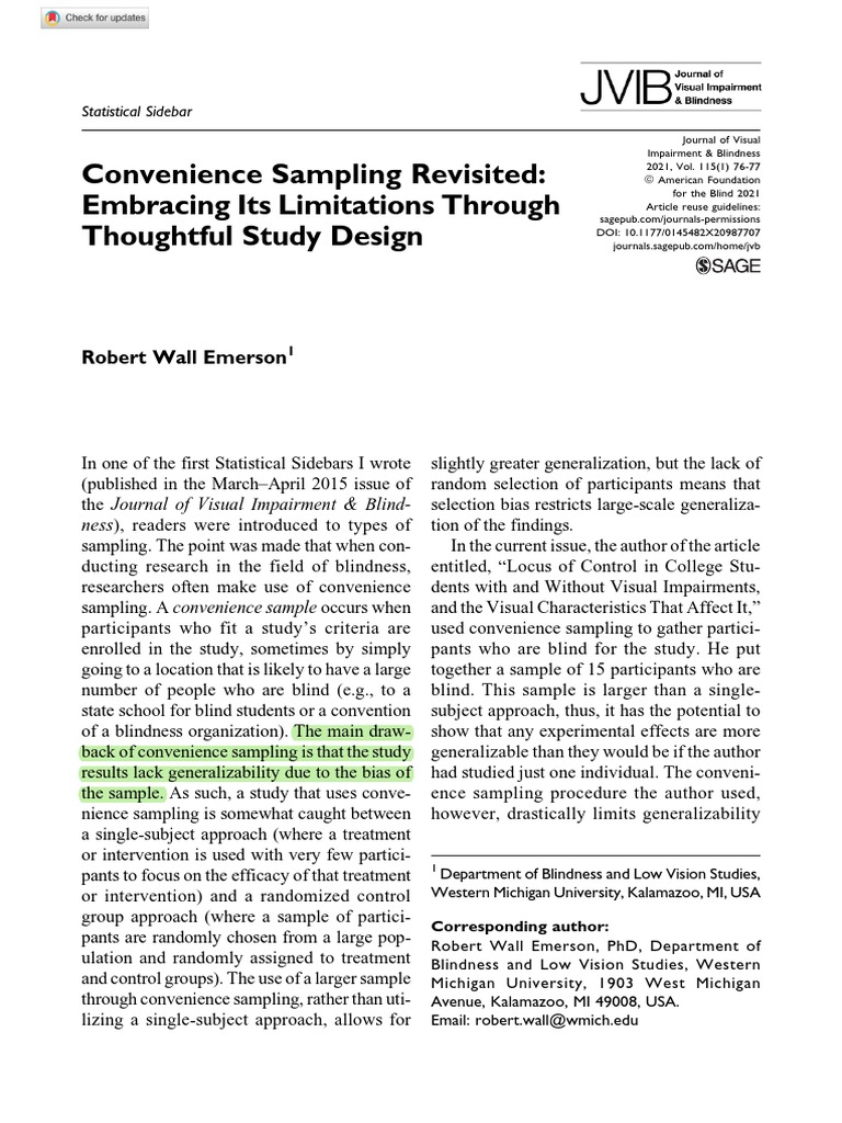 Emerson 2021 Convenience Sampling Revisited Embracing Its Limitations Through Thoughtful Study ...