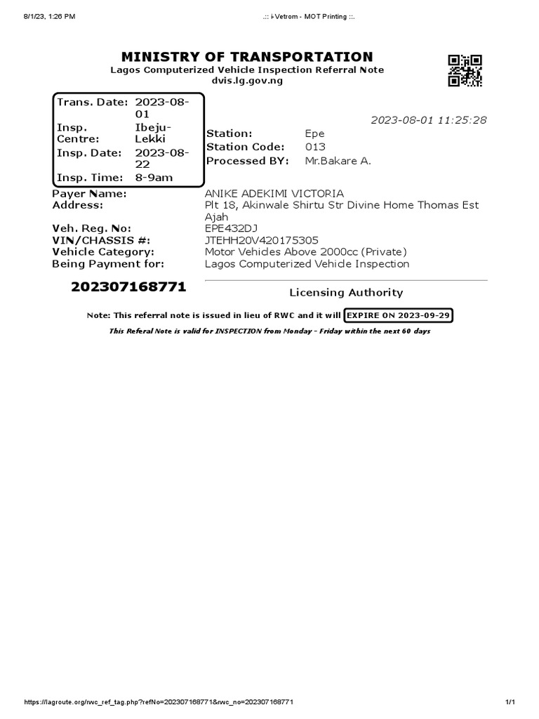 Ministry of Transportation: Lagos Computerized Vehicle Inspection ...