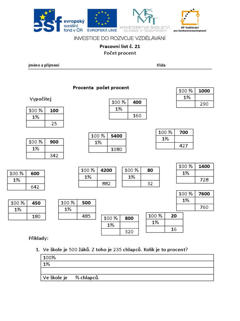 Pracovní List Č. 21 Počet Procent | PDF