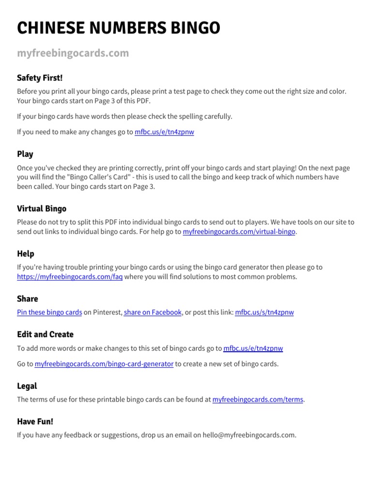 Chinese Numbers Bingo | PDF | Sports & Recreation | Games & Activities