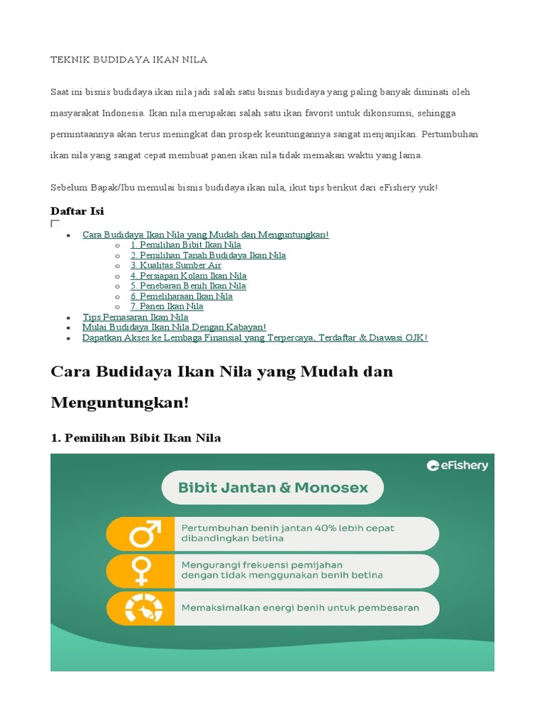 Teknik Budidaya Ikan Nila | PDF