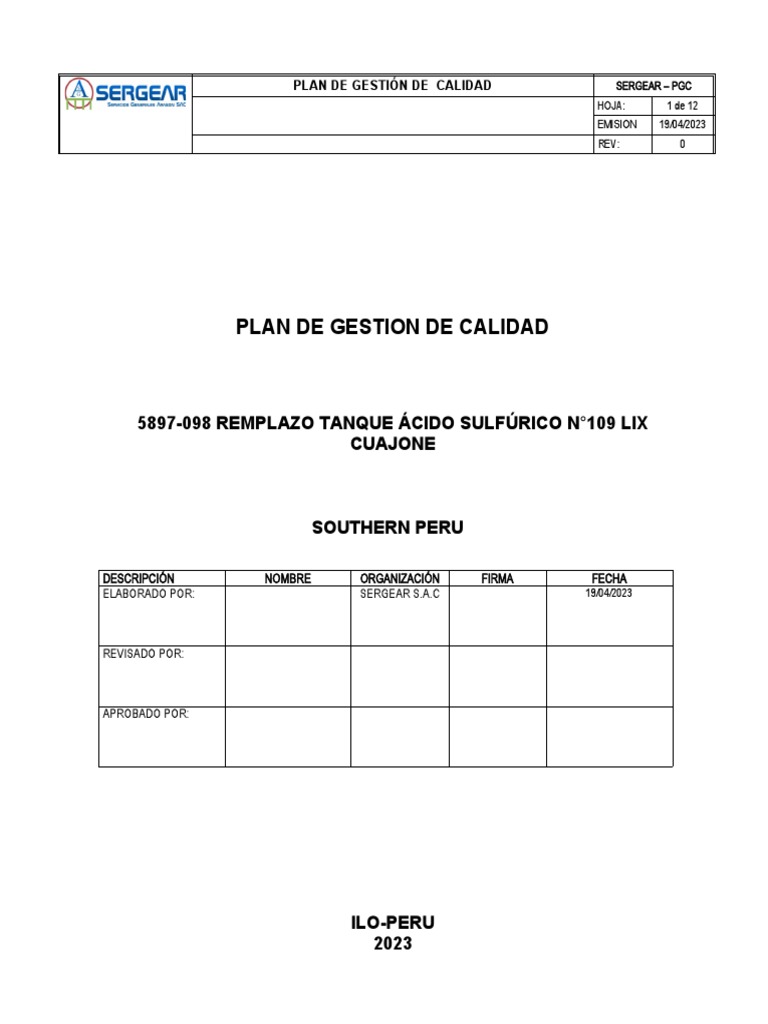 Plan de Control de Calidad | PDF