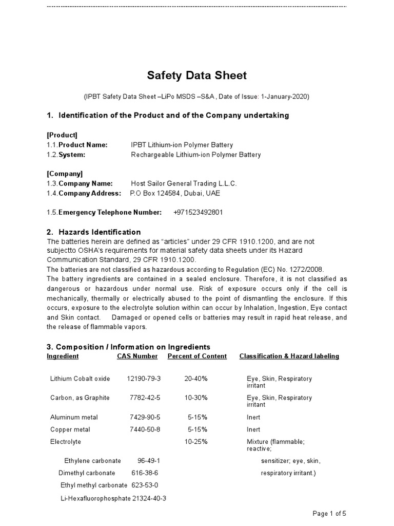 Msds Lithium Polymer Battery Artno75040816 17 En082017 2 | Download Free PDF | Lithium Ion ...