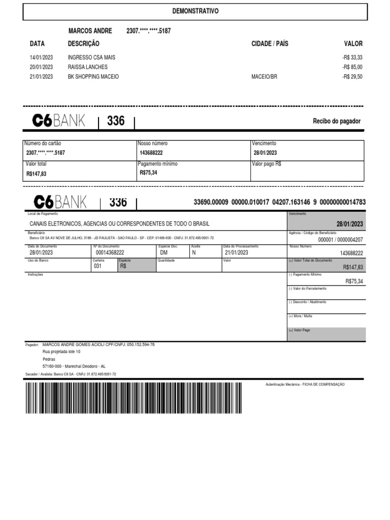 Boleto c6 Bank | PDF | Finanças pessoais | Dinheiro