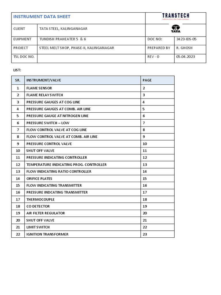 3423-Instrument Data Sheet - Tundish Preheater 5 & 6 | PDF