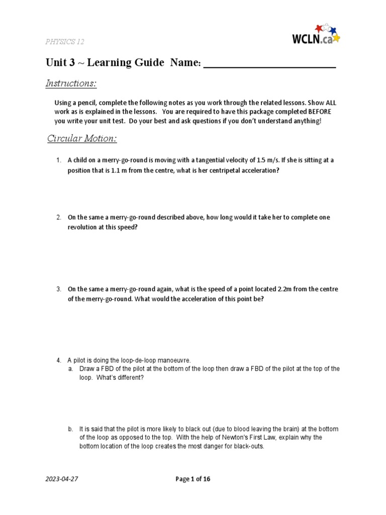 Physics 12 - Unit 3 Learning Guide | PDF