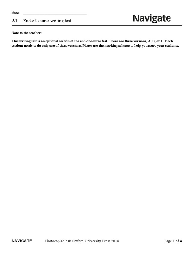 Navigate A1 End-Of-Course Test Writing | PDF