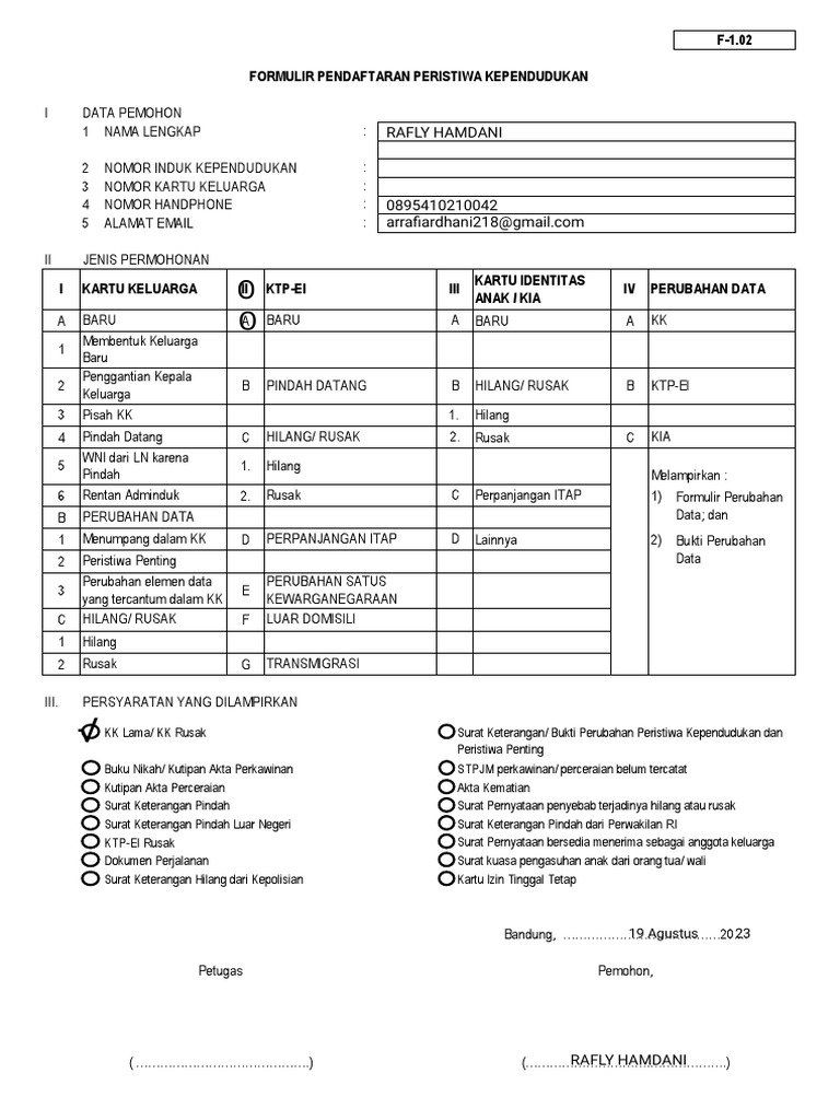 Formulir F-1.02 Pendaftaran Peristiwa Kependudukan Signed | PDF