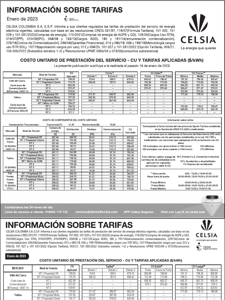 Tarifa Celsia Colombia Enero 2023 Final (1) | PDF
